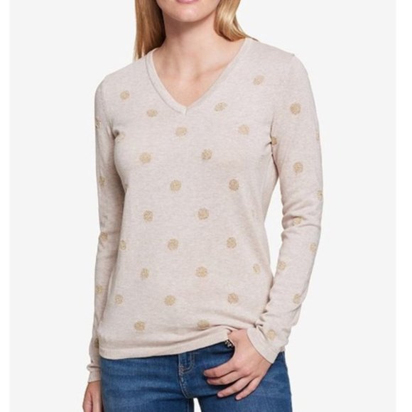 Tommy Hilfiger | Sweaters | Womens Oatmeal Heather Metallic Polka Dot ...